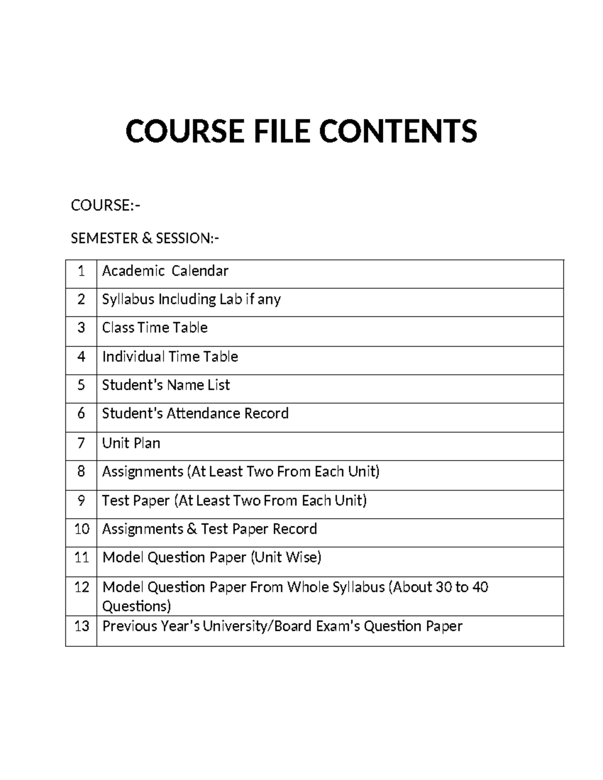 Course FILE Contents - COURSE FILE CONTENTS COURSE:- SEMESTER & SESSION ...