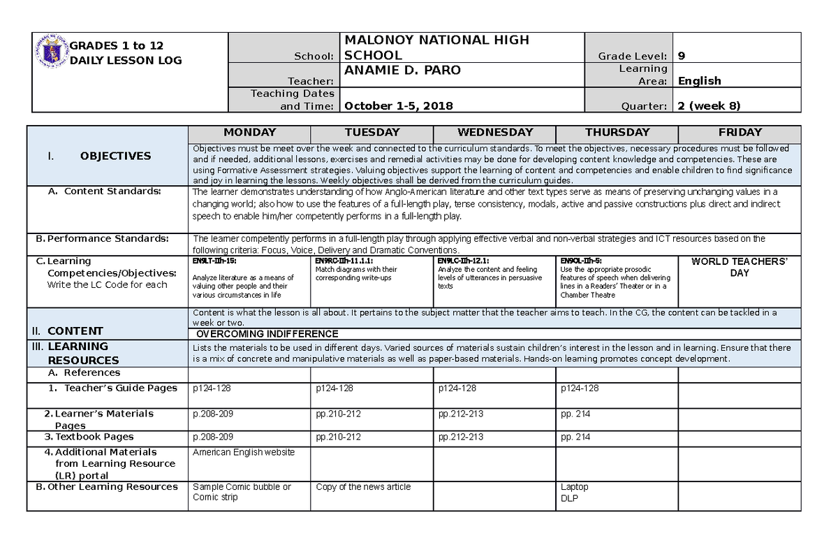 ENG 9 DLL 2Q WEEK 8 - Daily Lesson Log for English - Studocu