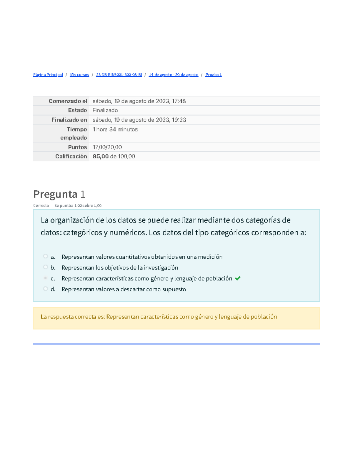 Prueba 1- Revisión del intento - Página Principal / Mis cursos / 23-3B ...
