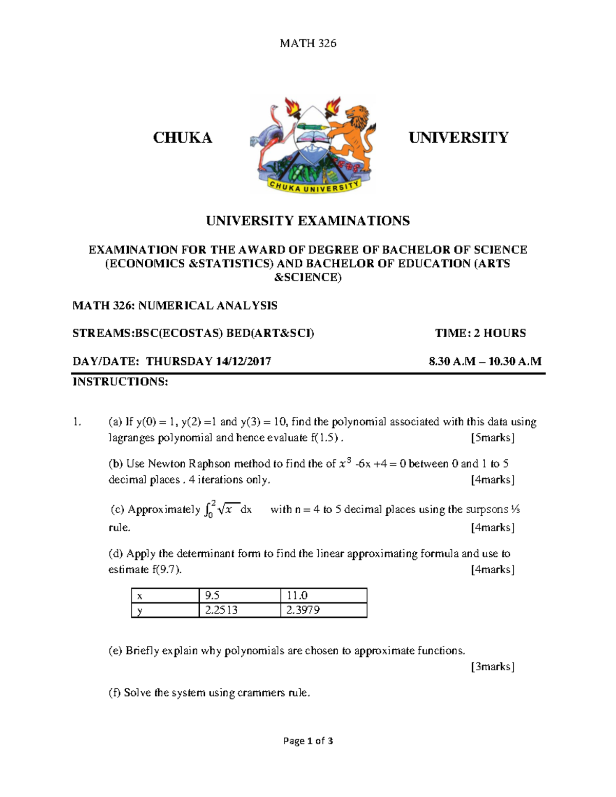 MATH 326 - Numerical Analysis Exam Paper - Chuka University - Studocu