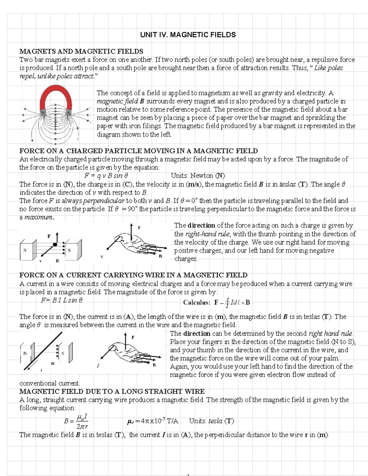 Phys+C - Unit IV: Magnetic Fields and Forces on Charged Particles - Studocu