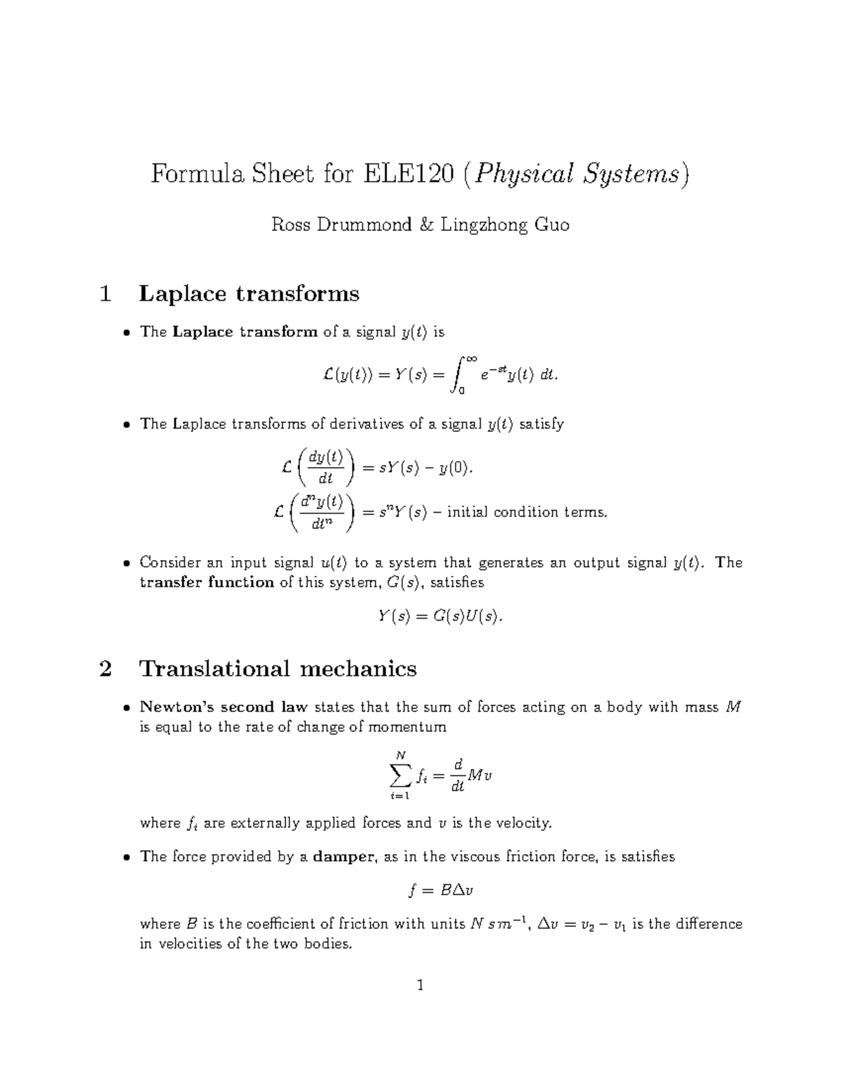 Formula Sheet for ELE120: Key Concepts in Physical Systems - Studocu