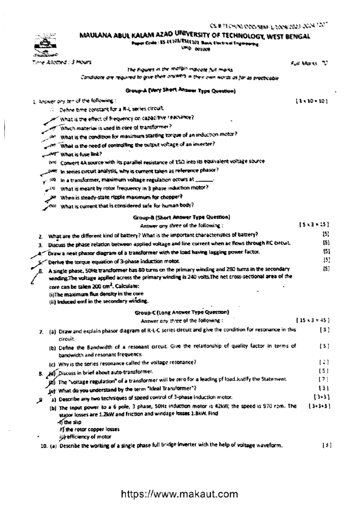 BTech 2nd Sem Basic Electrical Engineering (EE101) Exam Paper 2024 ...