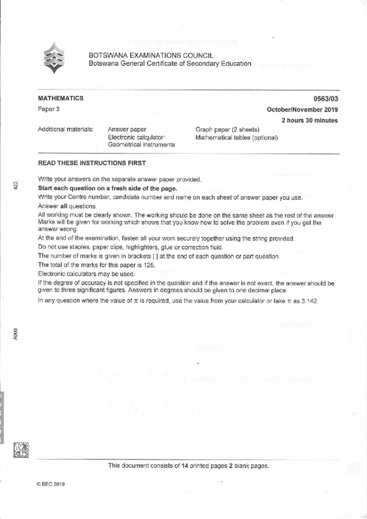 BEC 2019 Mathematics Paper 3: Complete Exam Instructions and Questions ...