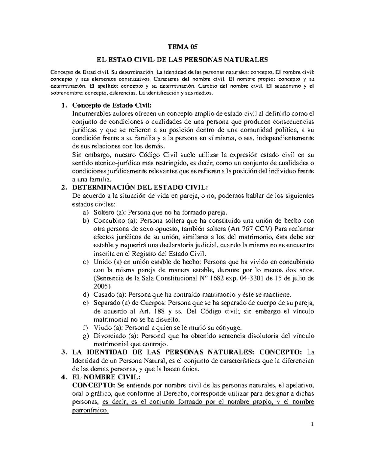TEMA 05: Estado Civil de las Personas Naturales y su Identidad - Studocu
