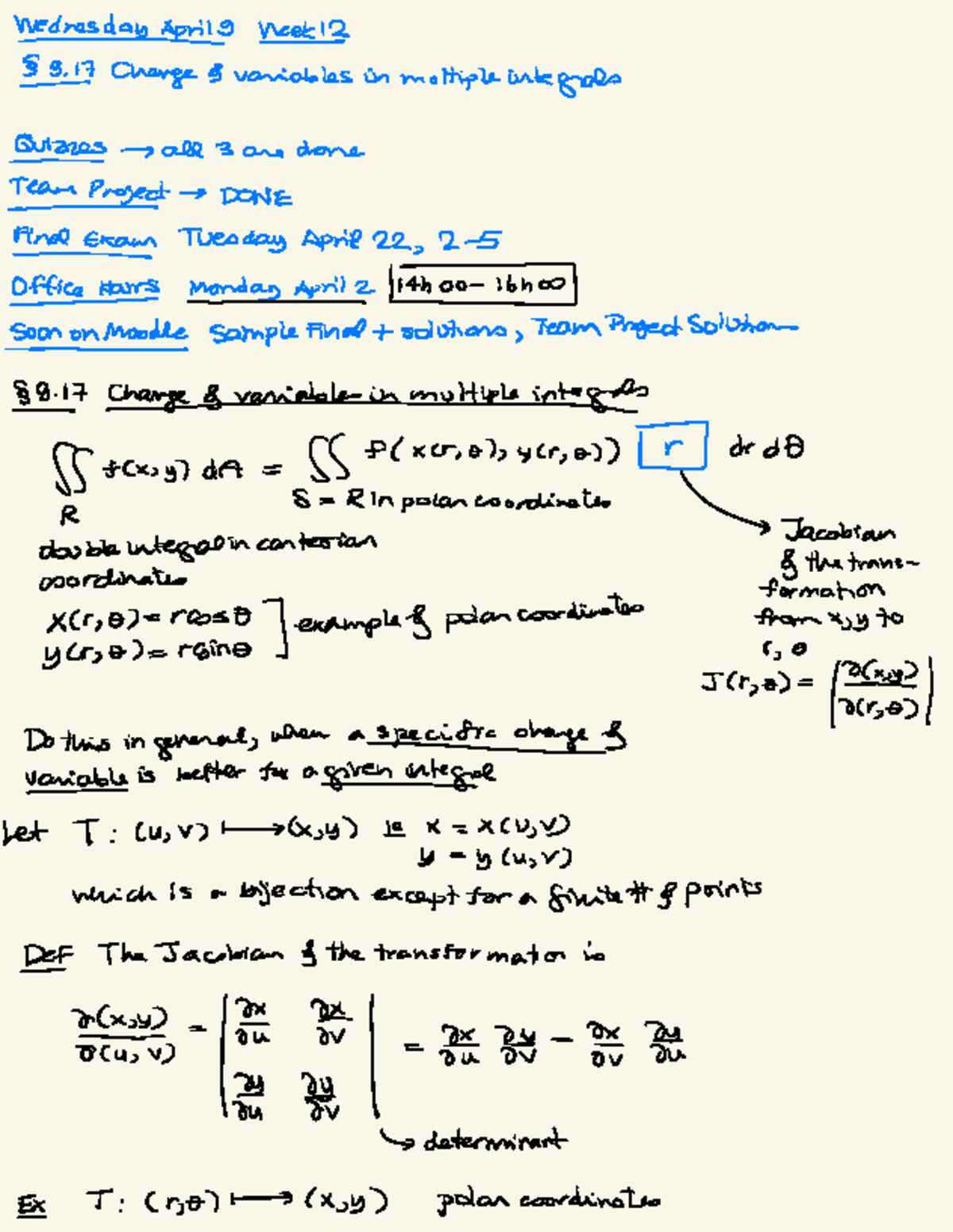 Final Exam Review: Multiple Integrals & Jacobian Concepts (MATH 16400 ...