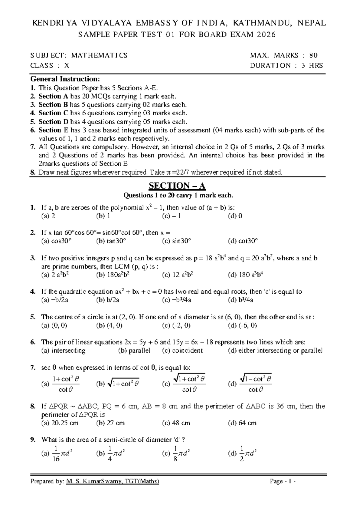 Maths Class X Sample Paper Test 01 for Board Exam 2026 - Studocu