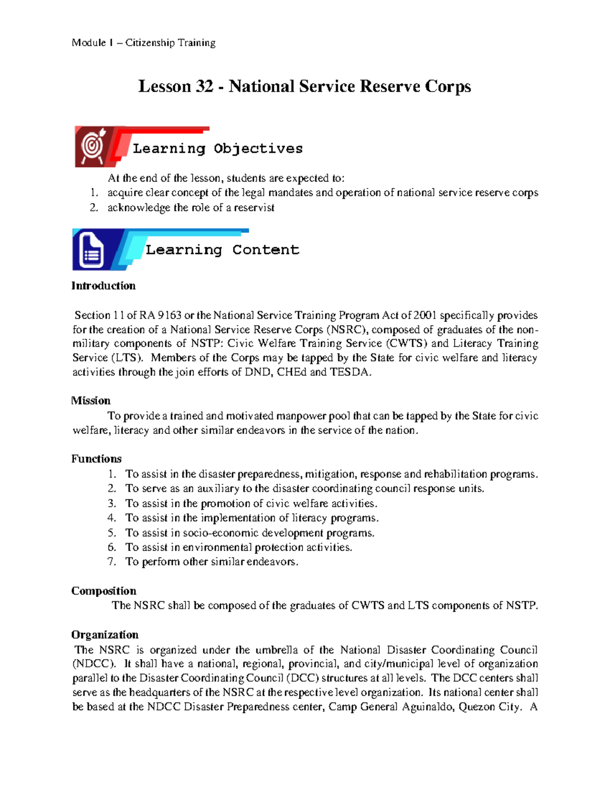 Lesson 32: Understanding the National Service Reserve Corps (NSRC ...