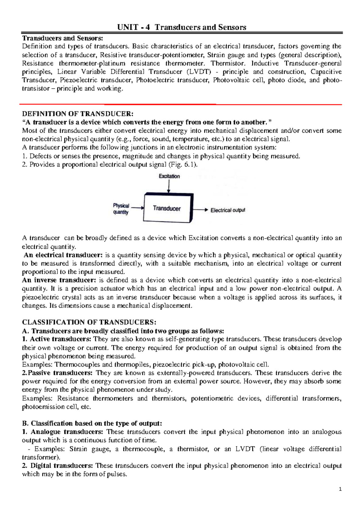 UNIT 4 Transducers and Sensors: Types, Principles, and Applications ...