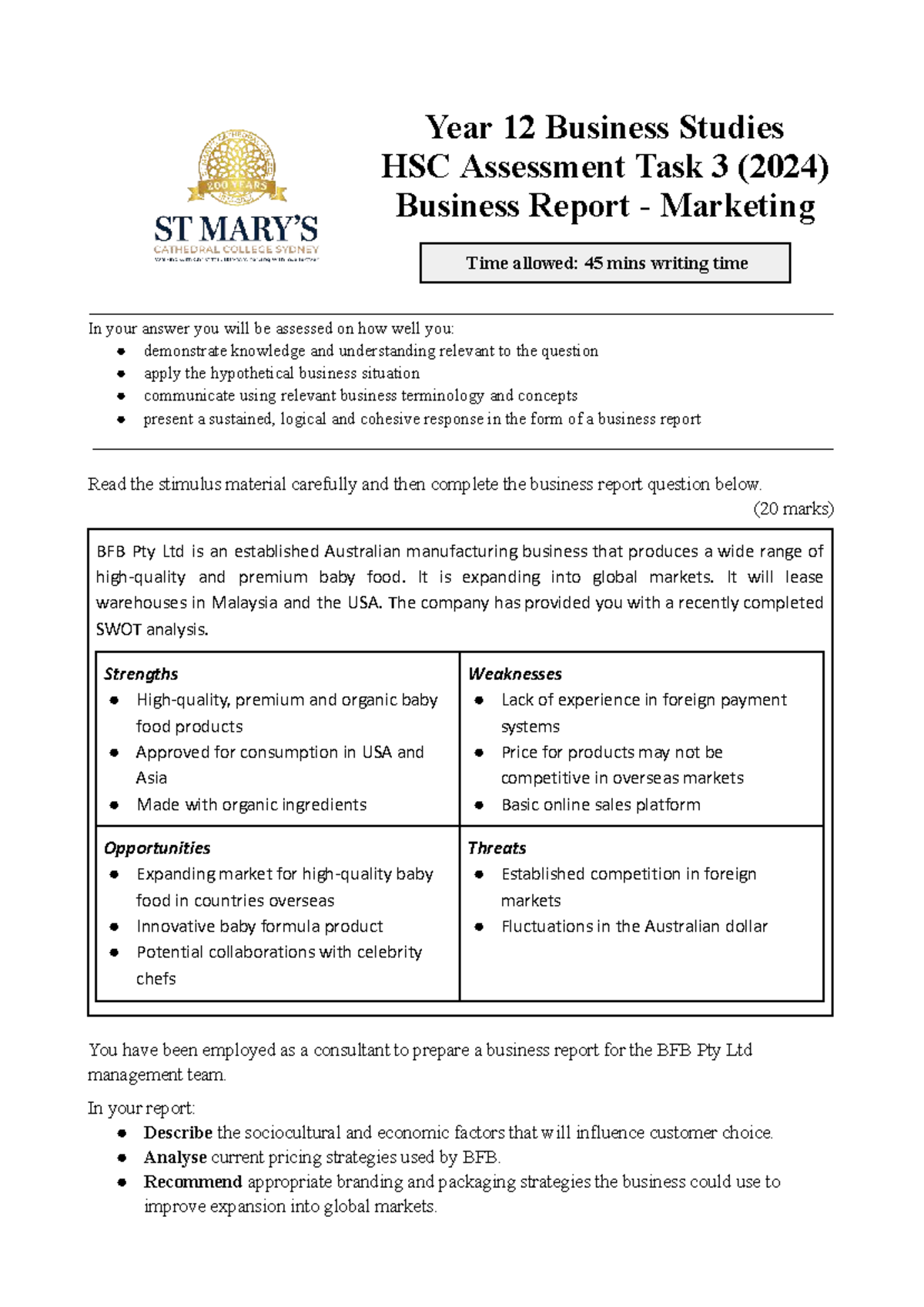 EAR 12 Business Y: Assessment Task 3 - BFB Pty Ltd Report - Studocu
