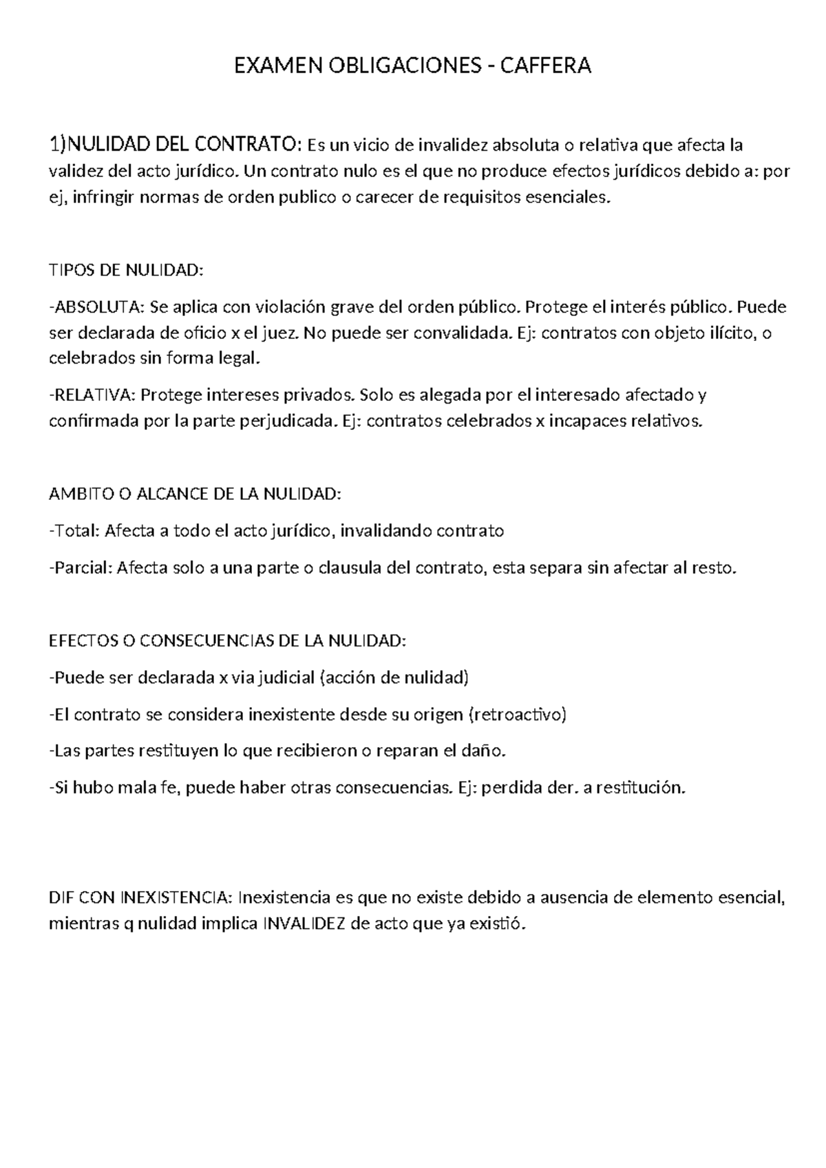 Obligaciones Caffera: Nulidad e Interpretación del Contrato - Studocu