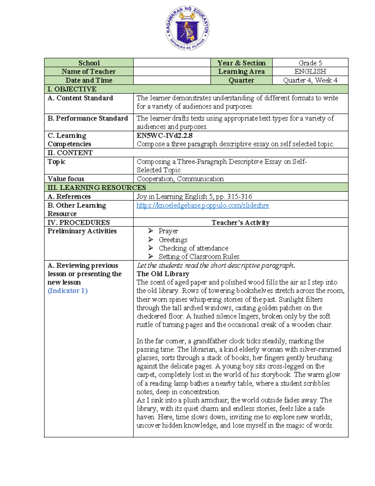 Lesson Plan for English 5: Composing a Descriptive Essay (Quarter 4 ...
