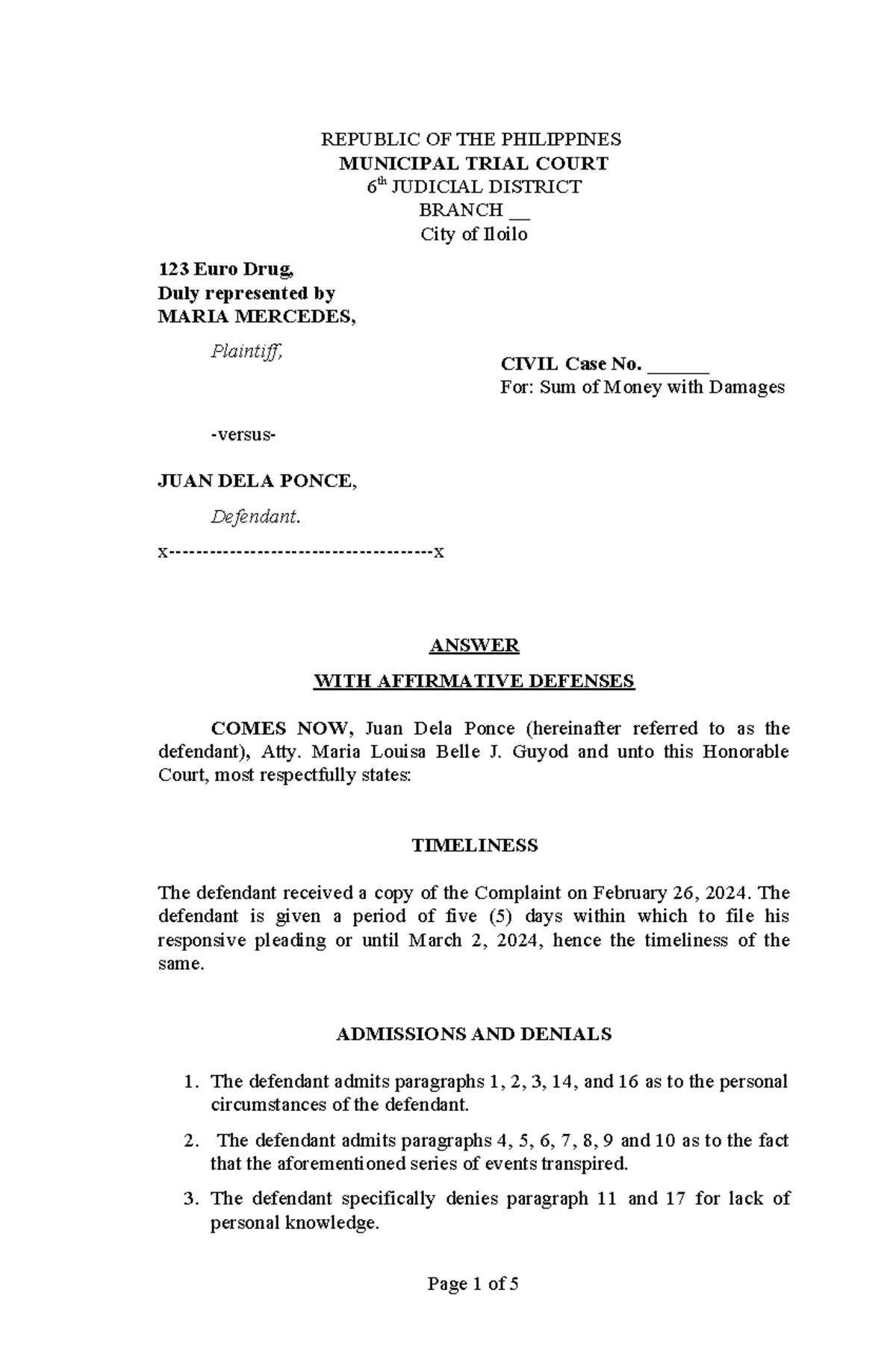 Civil Answer with Affirmative Defenses - Case No. ______ - Studocu