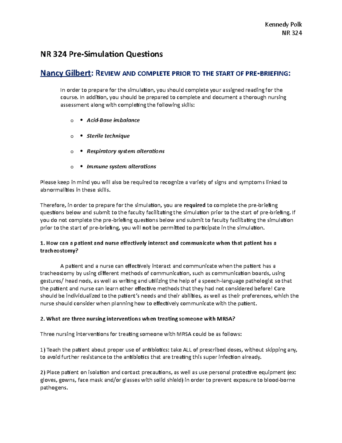 NR 324 Pre-Simulation Briefing Questions and Key Skills Review - Studocu
