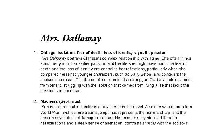 ENG 201: Mrs. Dalloway - Themes of Aging, Isolation, and War - Studocu