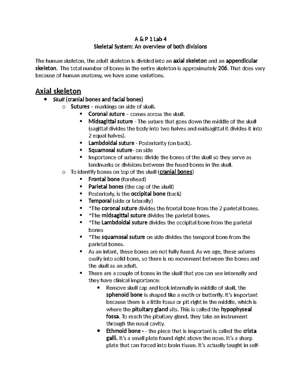 A&P 1 Lab 4 - Comprehensive Notes on the Skeletal System - Studocu
