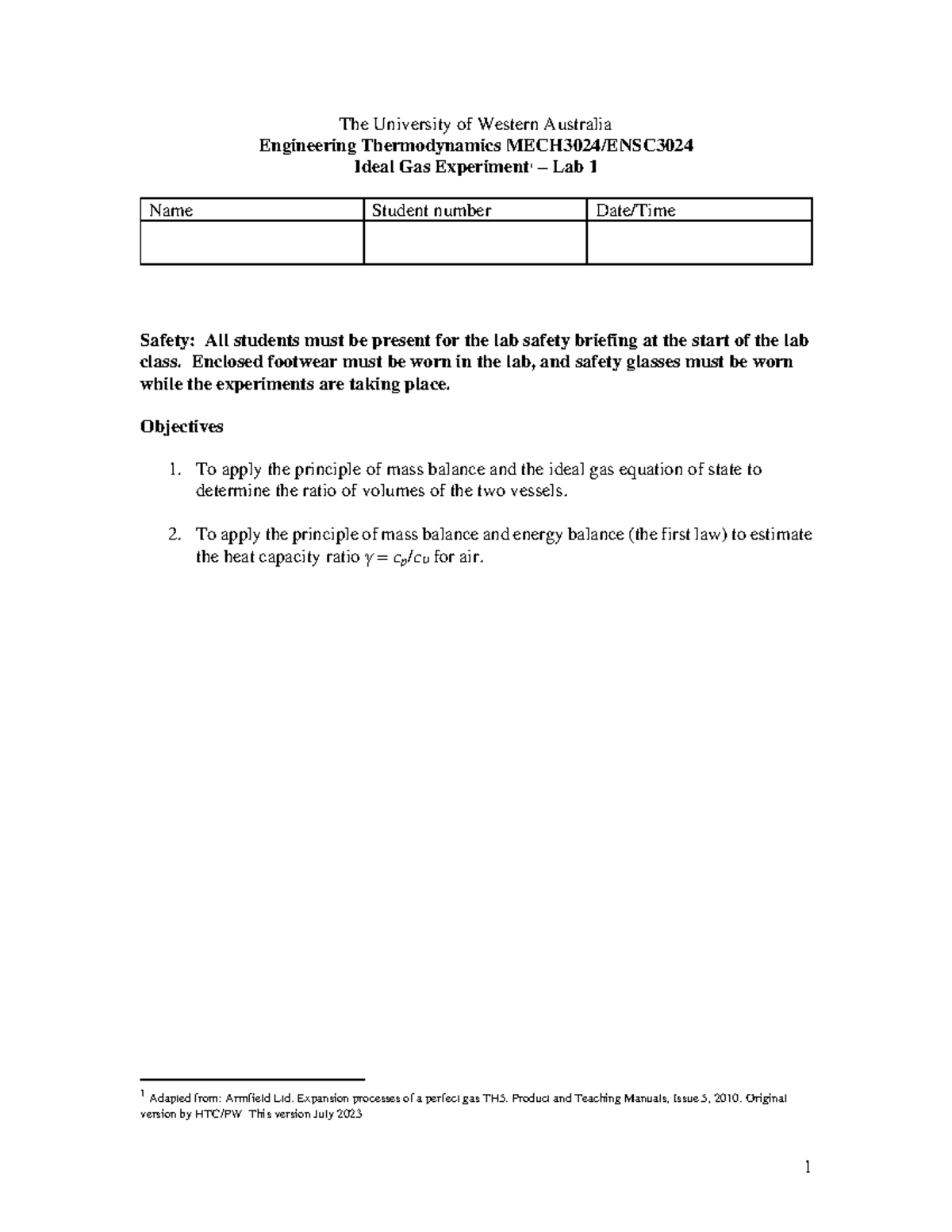 Lab 1 Ideal Gas - The University of Western Australia Engineering ...