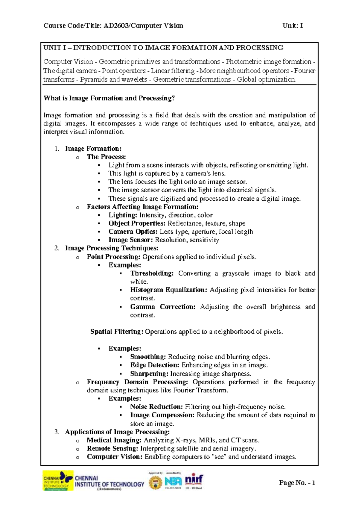 Unit 1: Image Formation & Processing Notes for CV 101 - Studocu