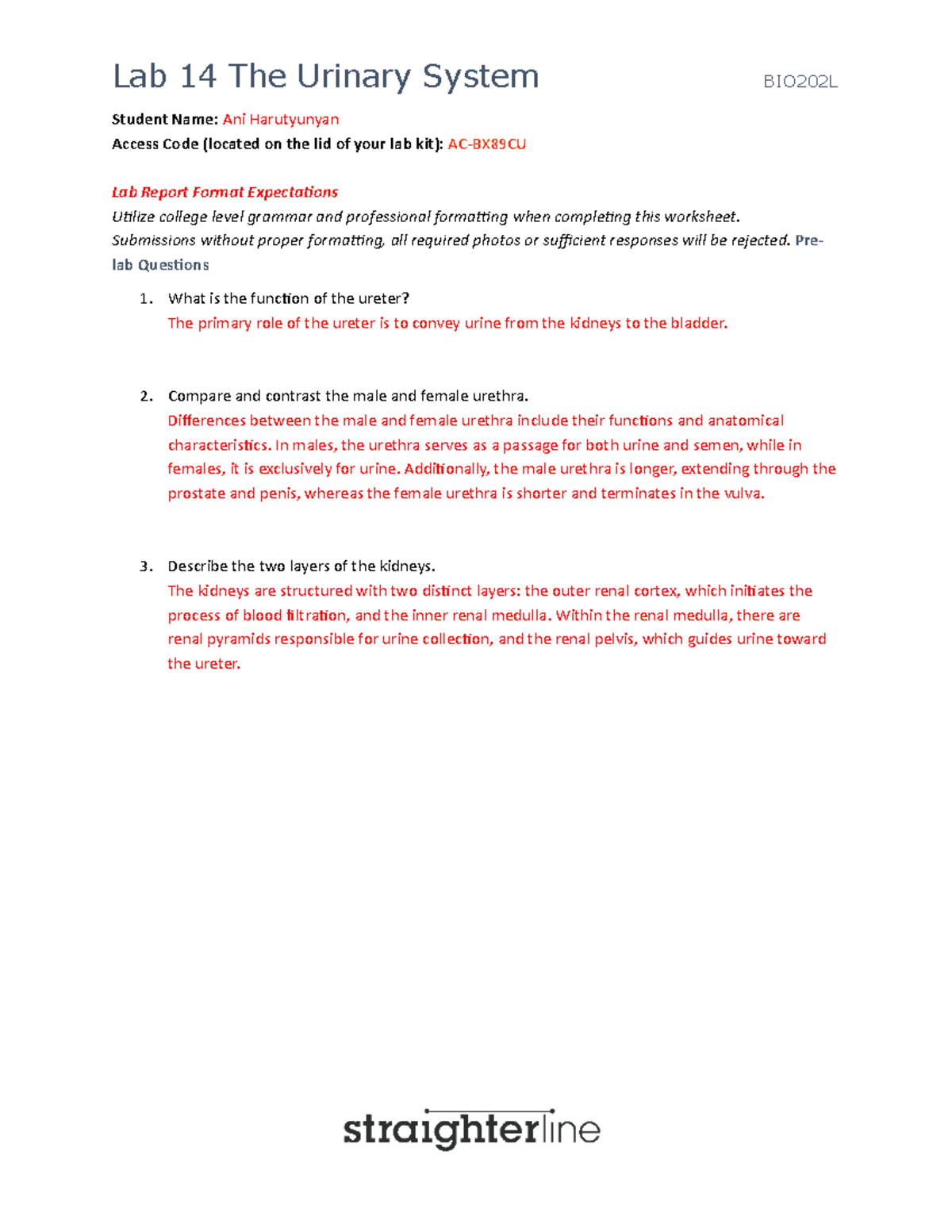 BIO202L Lab 14: The Urinary System - Comprehensive Lab Report - Studocu
