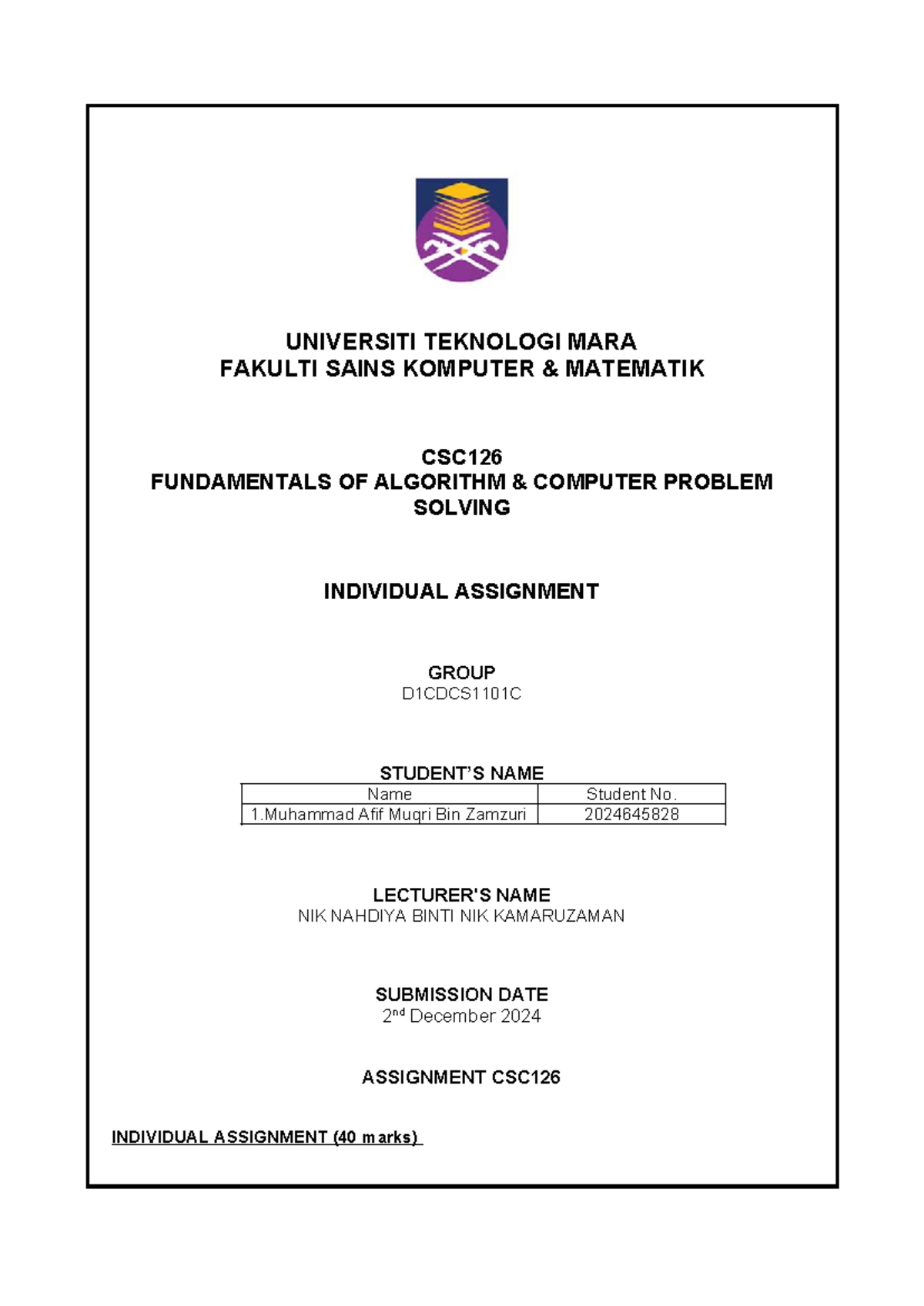 Individual Assignment CSC126: Fundamentals of Algorithm Problem Solving ...