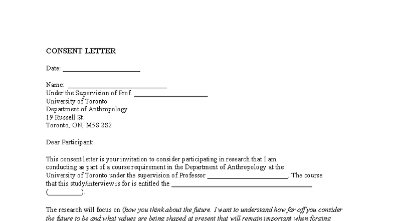 ANTH 101: Consent Letter for Research Participation - Studocu