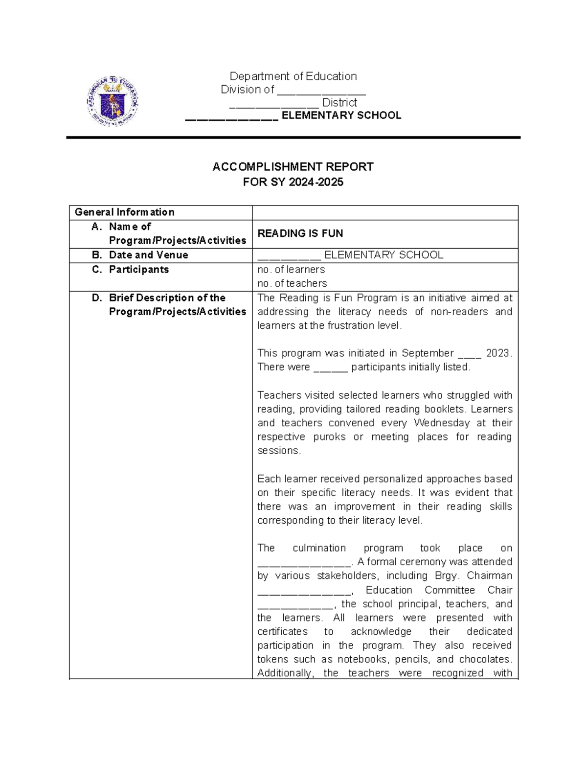 Remedial Reading Accomplishment Report Sample - Department of Education ...