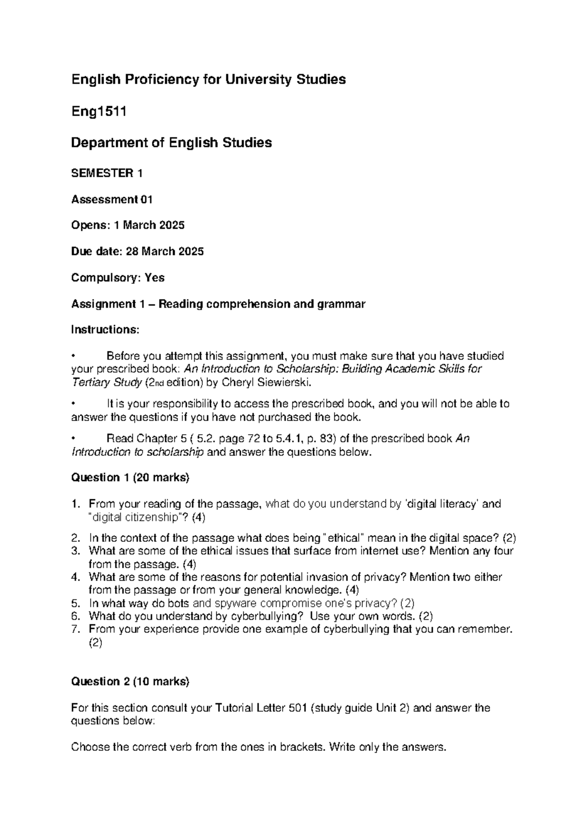 ENG1511 Assignment 1: Reading Comprehension & Grammar S1 2025 - Studocu