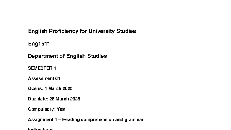 ENG1511 Assignment 1: Reading Comprehension & Grammar S1 2025 - Studocu