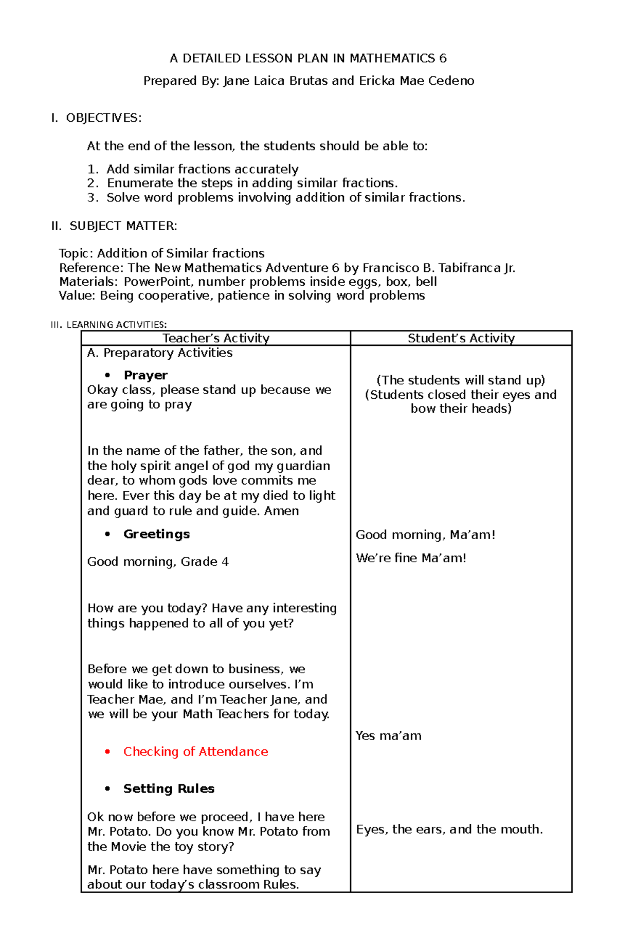 Mathematics 6 Detailed Lesson Plan: Adding Similar Fractions - Studocu