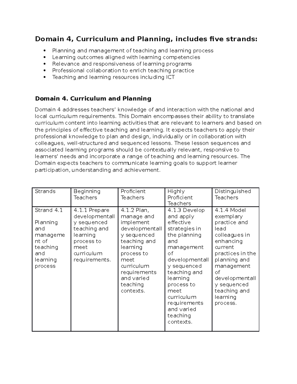 Curriculum & Planning - Domain 4 Overview for Teachers - Studocu