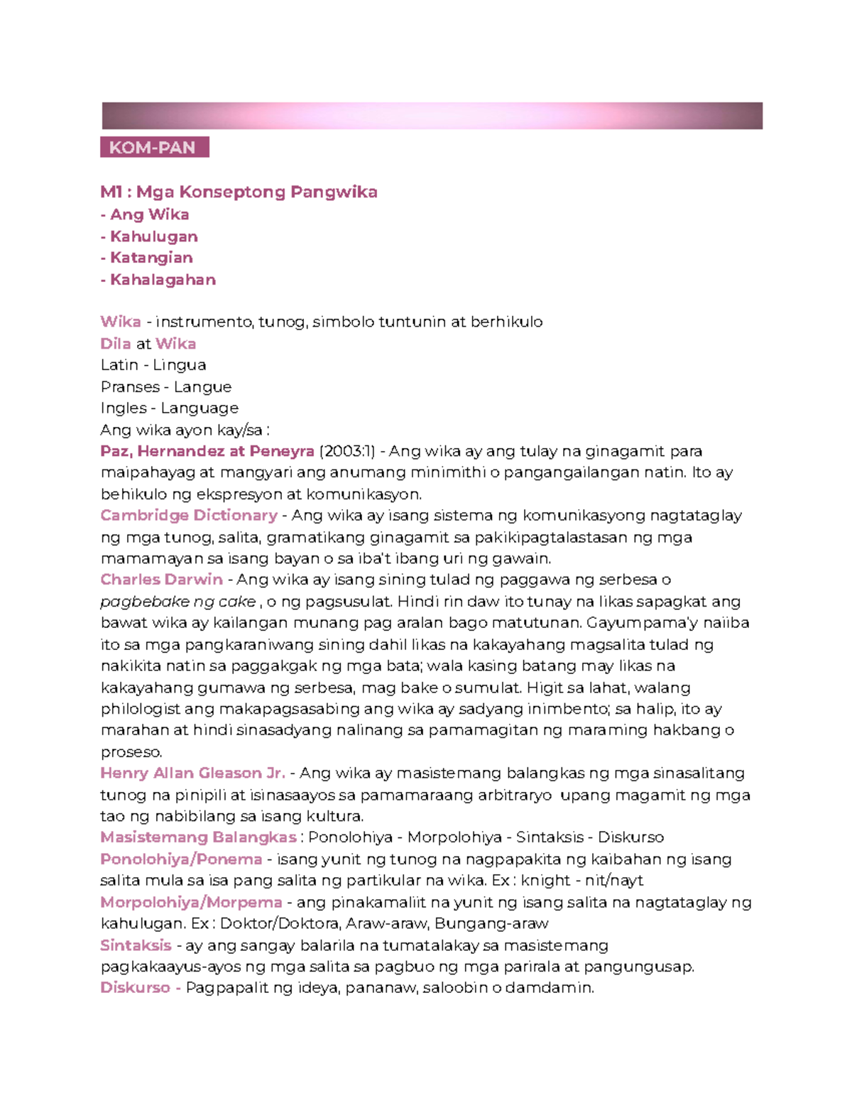 KOM-PAN H: Mga Konseptong Pangwika at Kahalagahan ng Wika - Studocu