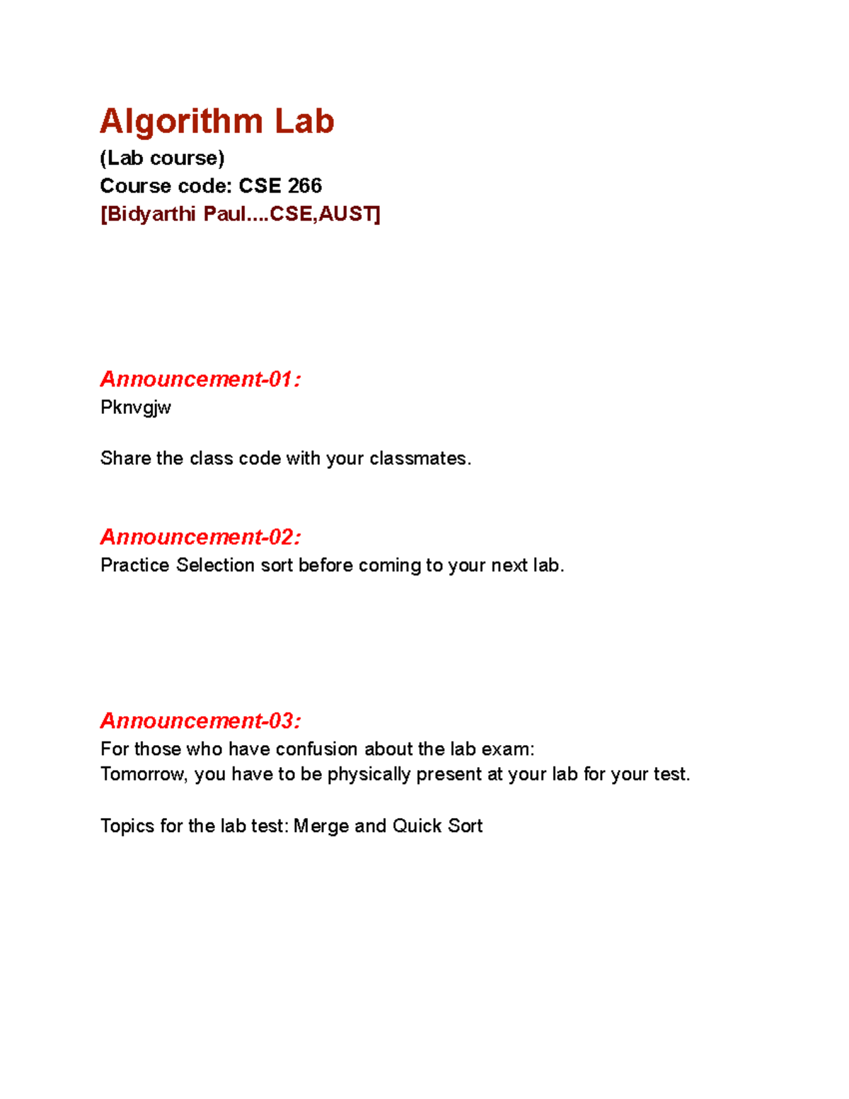 Algorithm Lab (CSE Pknvgjw): Preparation for Final Exam and Test ...