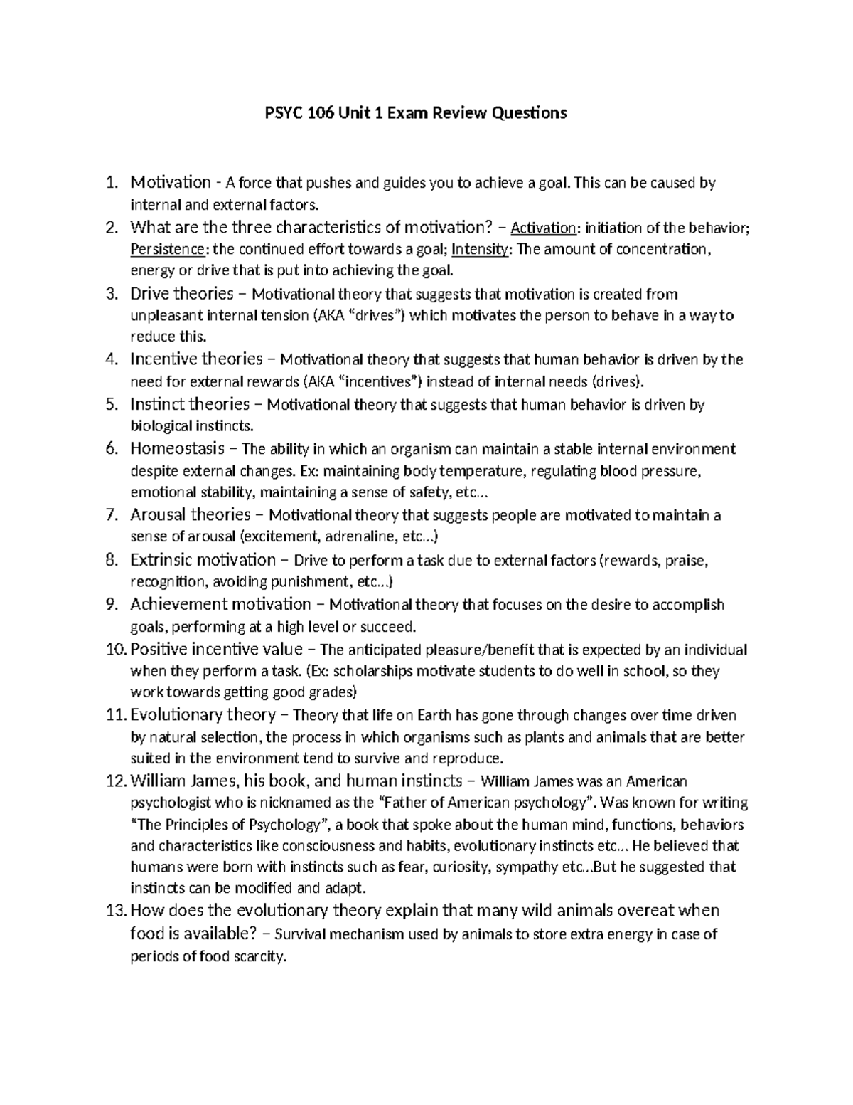 PSYC 106 Unit 1 Exam Review: Key Concepts of Motivation and Emotion ...