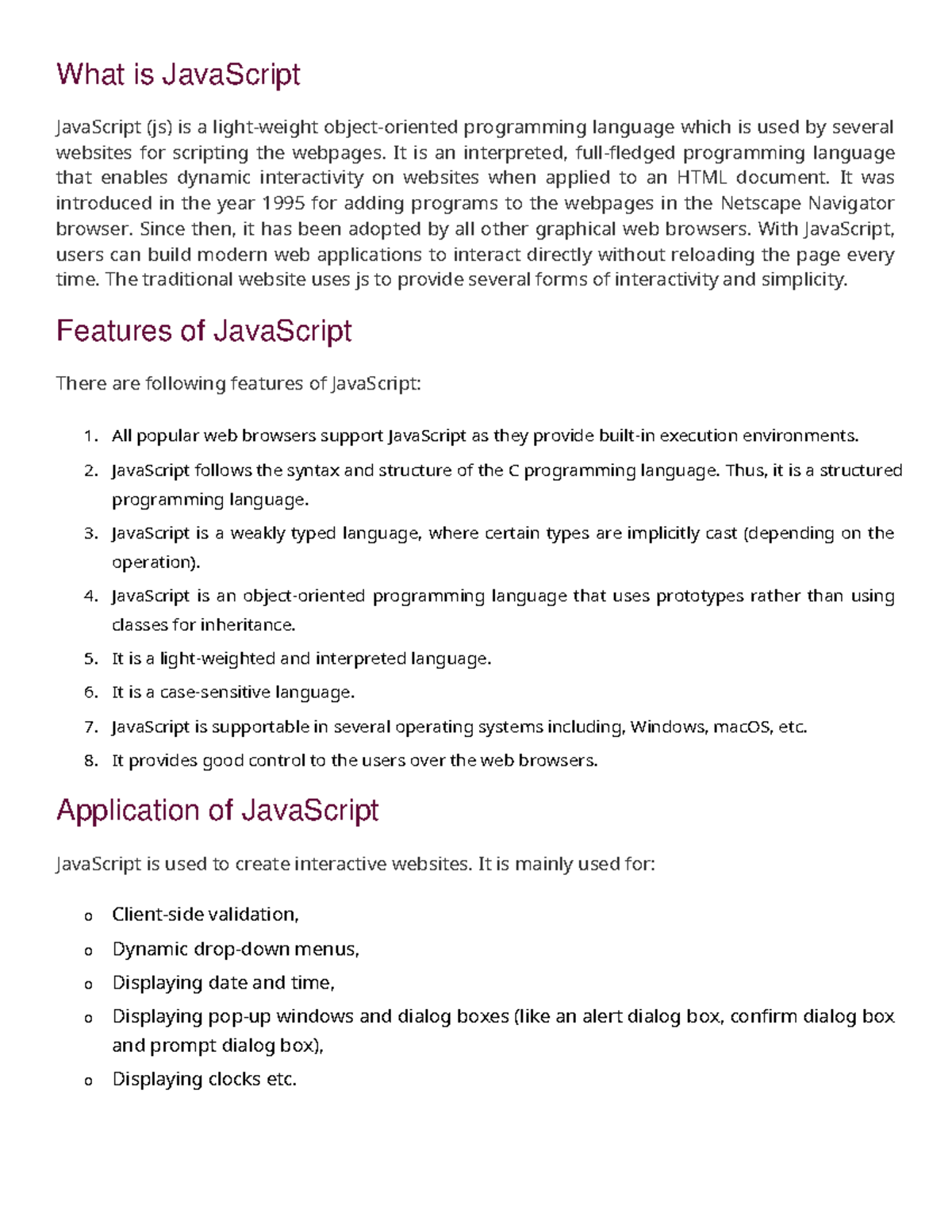 JavaScript Overview and Features - BSc CS Hons - Studocu