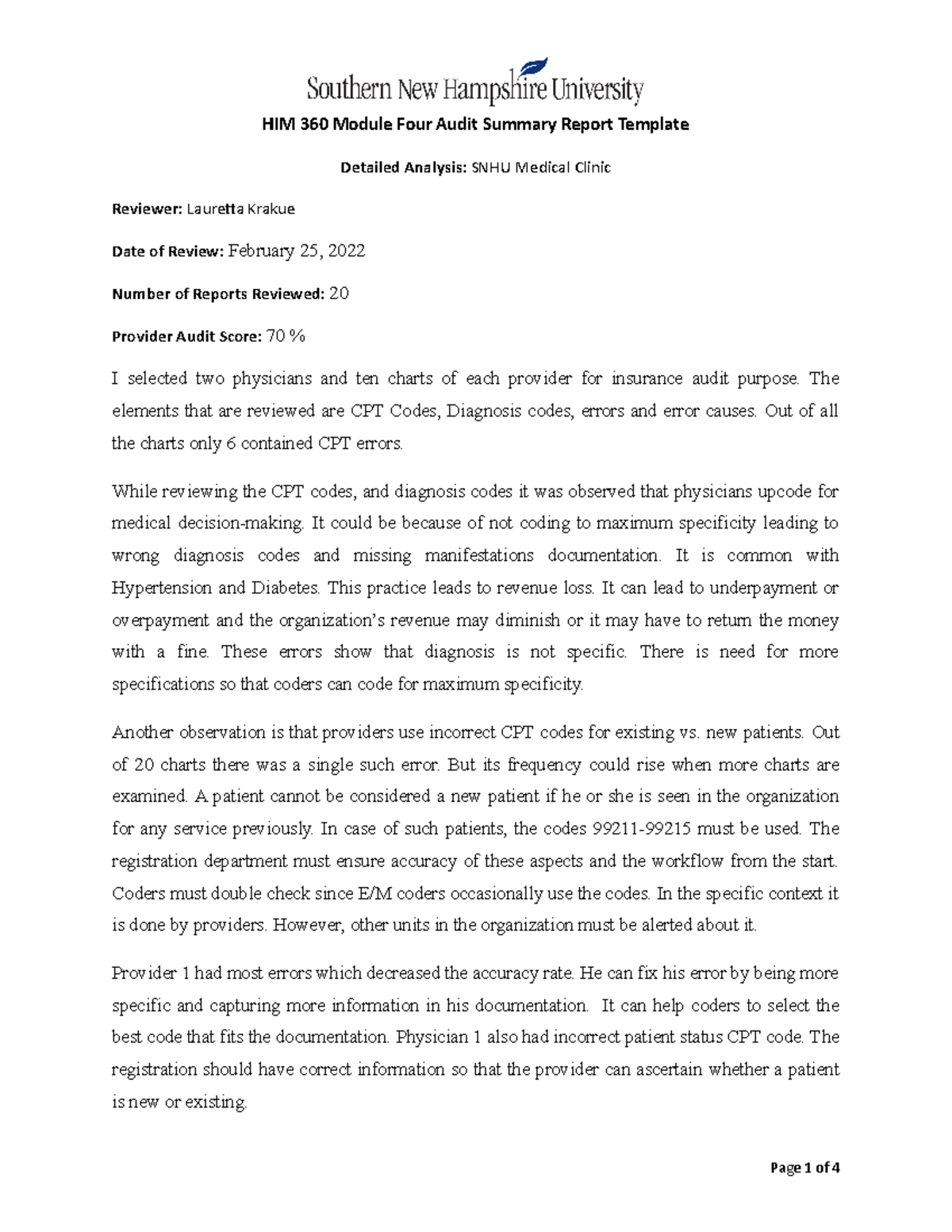 HIM 360 Module Four Audit Summary Report: Analysis of CPT Coding Errors ...