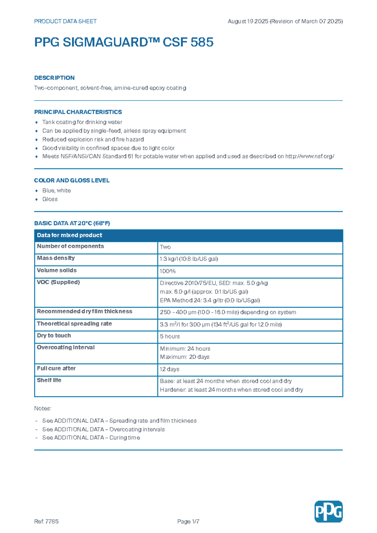 PPG CSF 585 Product Data Sheet - Epoxy Coating for Drinking Water - Studocu