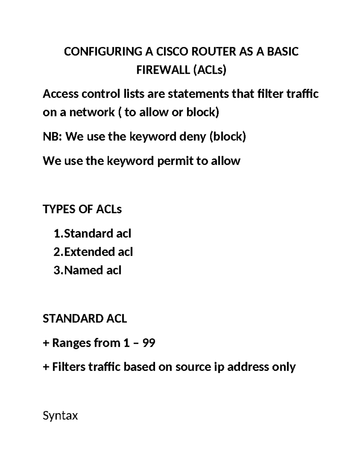 Acls All About Access Control Lists Configuring A Cisco Router As A