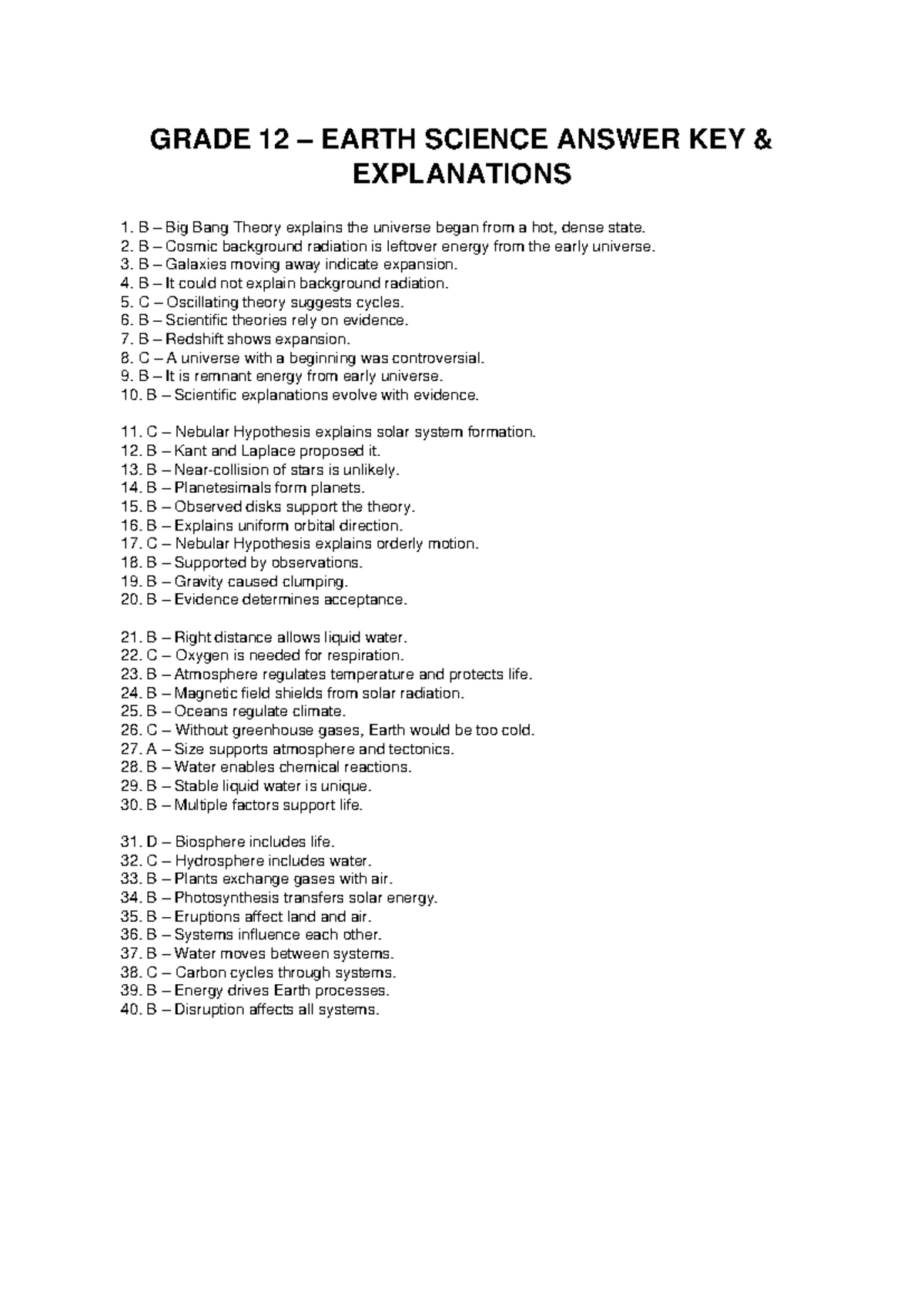GRADE 12 EARTH SCIENCE FINAL EXAM ANSWER KEY & EXPLANATIONS - Studocu
