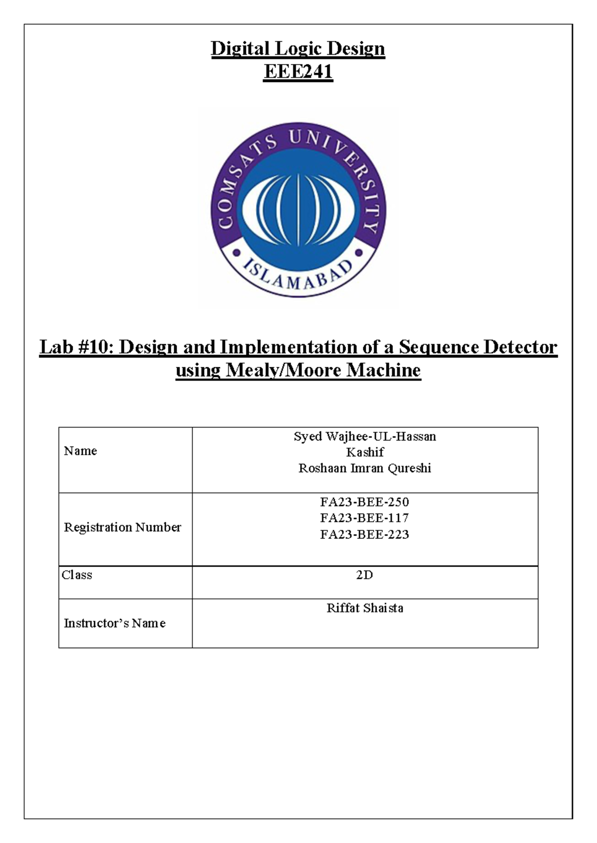 DLD Lab #10 - Mealy/Moore Sequence Detector Implementation - Studocu