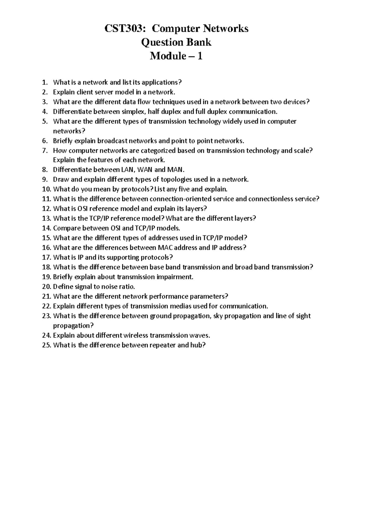 CN question bank - CST303: Computer Networks Question Bank Module – 1 ...