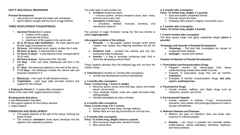 UNIT 5: BIOLOGICAL BEGINNINGS - Prenatal Development Overview - Studocu