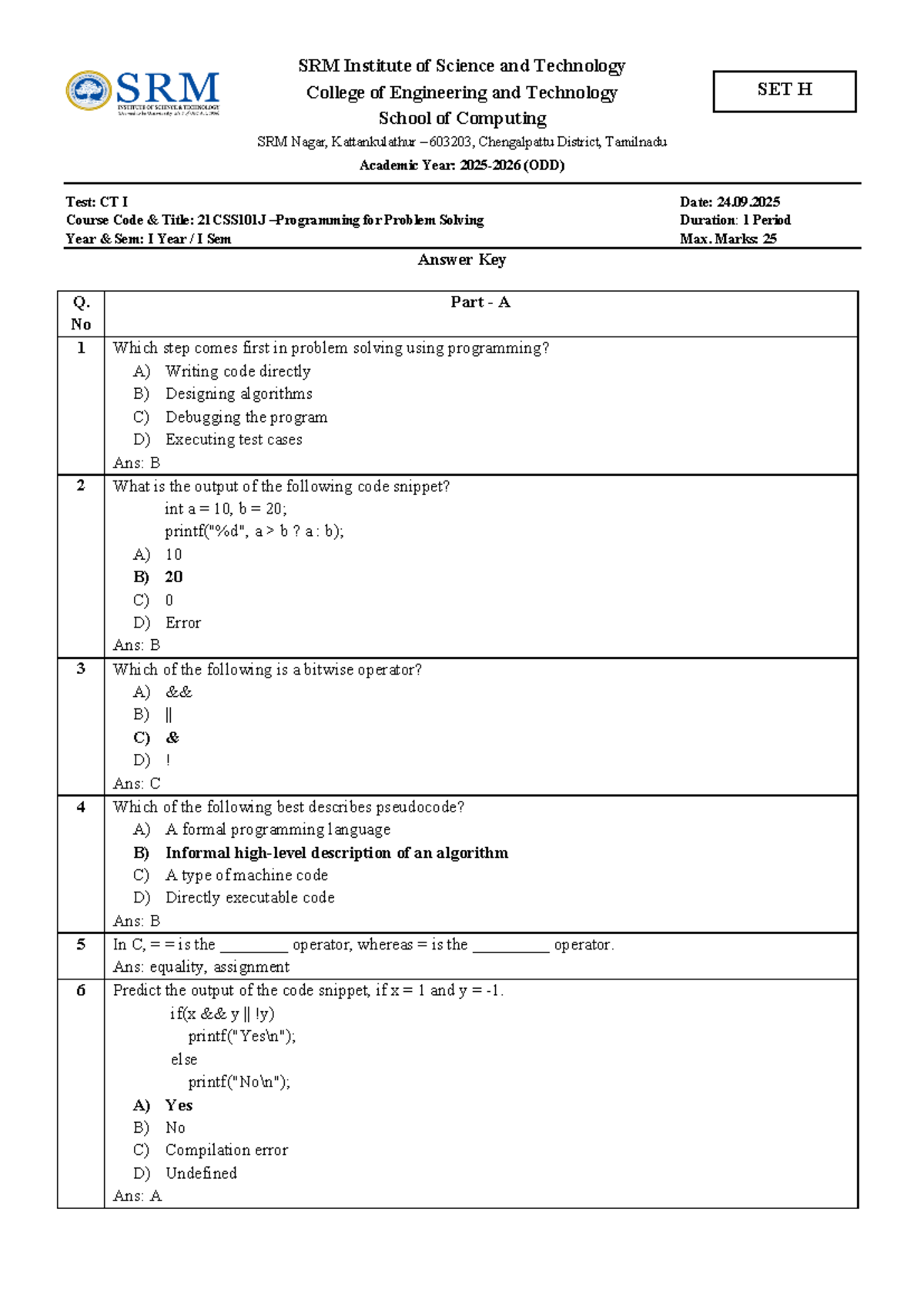PPS 21CSS101J CT I Answer Key - Problem Solving (Set H) - Studocu