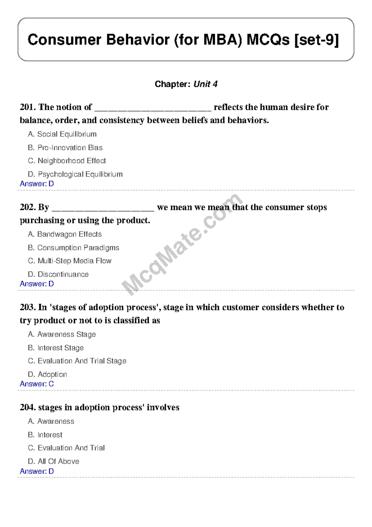 MBA Consumer Behavior MCQs - Unit 4 Set 9 - Studocu