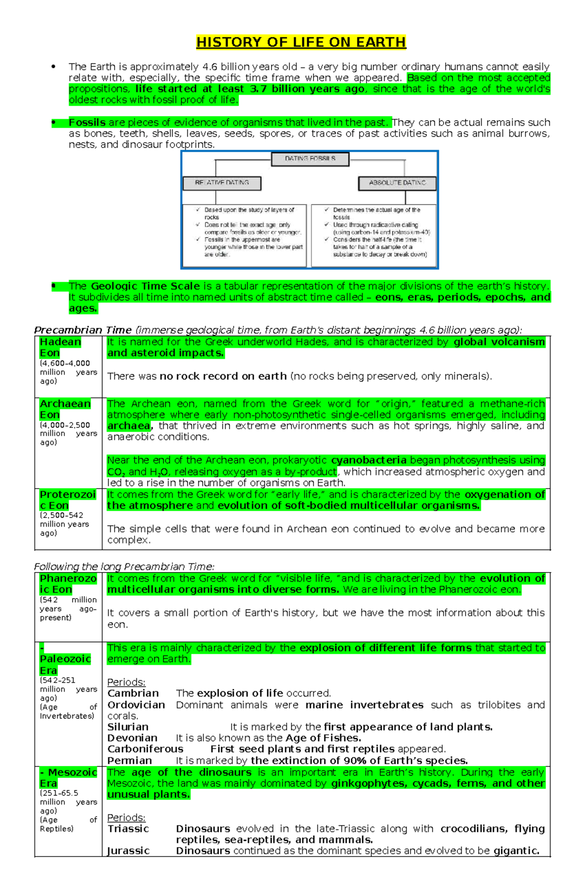 HIST 101: History of Life on Earth - Key Notes Summary - Studocu