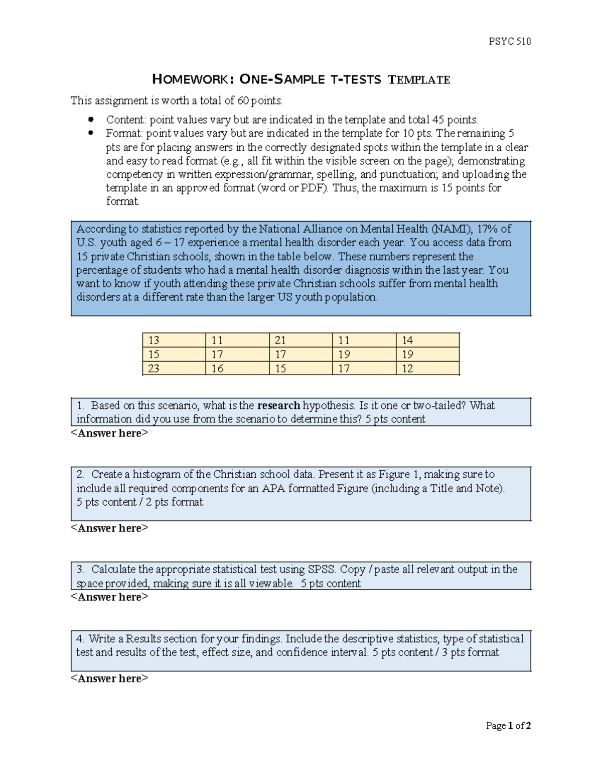 PSYC 510 Homework: One-Sample T-Tests Template & Instructions - Studocu
