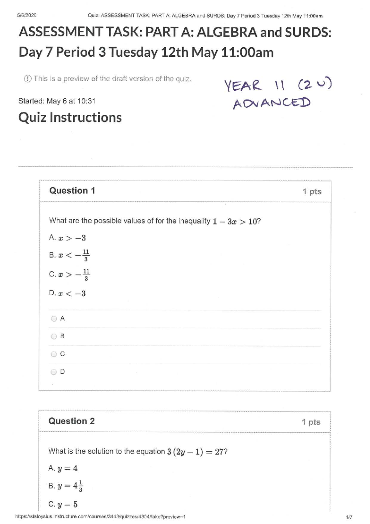 Quiz: ASSESSMENT TASK: PART A & B: ALGEBRA, SURDS & FUNCTIONS (Year 11 ...