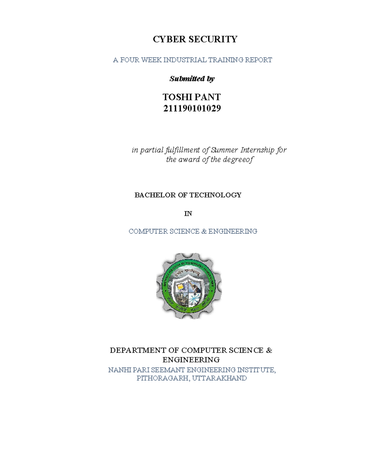 Cyber Security: Industrial Training Report - B.Tech (CSE) - Studocu