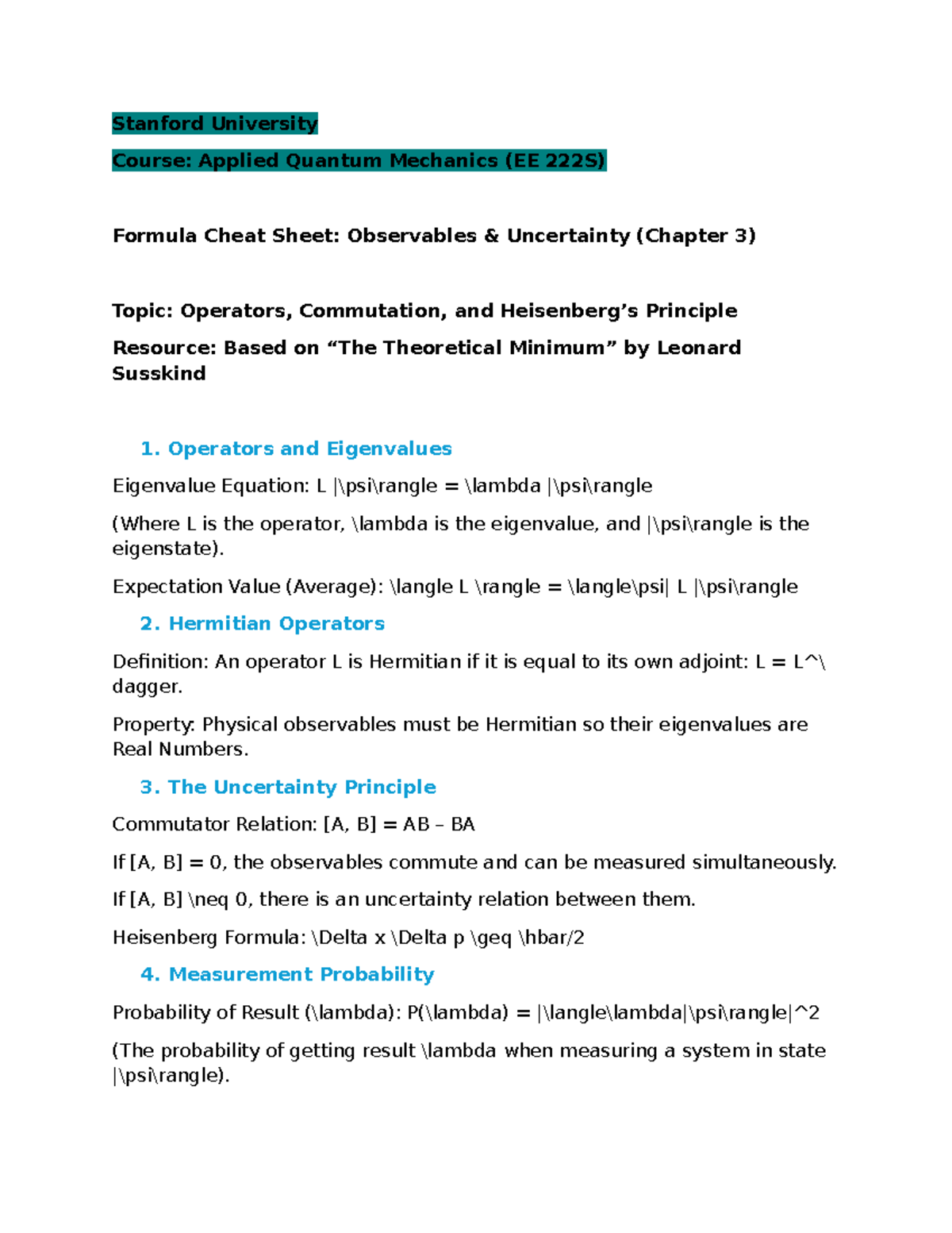 EE Quantum Mechanics (Ch 3) Formula Cheat Sheet: Operators ...