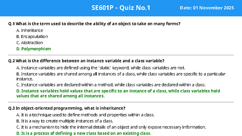 SE601P Quiz No.1: Key Concepts in Object-Oriented Programming - Studocu