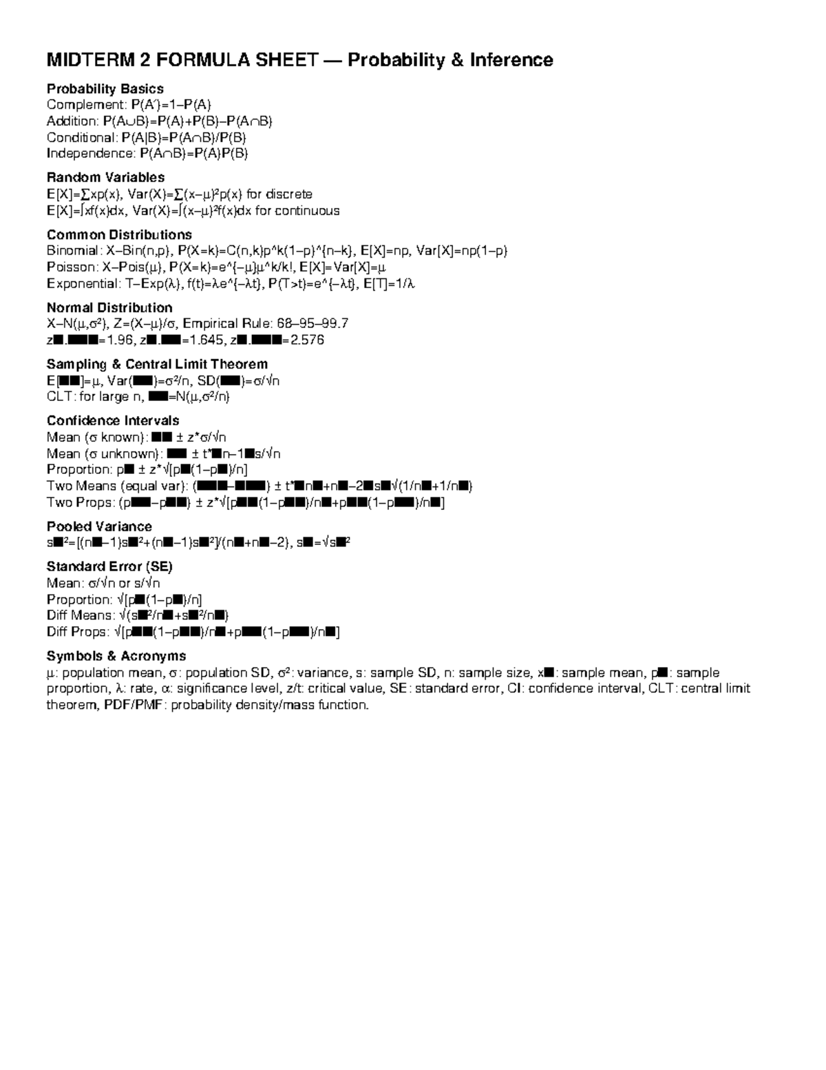 MIDTERM 2 FORMULA SHEET: Probability & Inference Essentials - Studocu